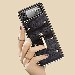 FNKJYND for Samsung Galaxy Z Flip 4 5G with Ring Holder,Luxury Leather Phone Cases with Bling Diamond Stand Flip Plating Golden Bumper Shockproof Protector for Galaxy Z Flip 4 5G 2022 Women Girls