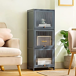 IOTXY Small Narrow Shelf Bookcase - 3-Tier Bamboo Corner Bookshelf with Moru Acrylic Doors, Freestanding Tall Skinny Storage Organizer Rack, for Living Room, Kitchen, Bedroom, Gray, 15.7" W