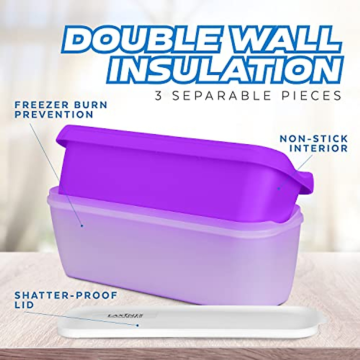 Laxinis World Ice Cream Containers – Pack of 2 Ice Cream Plastic Containers with lids, 1.5 Quarts, Reusable, with Non-slip Base (Purple)