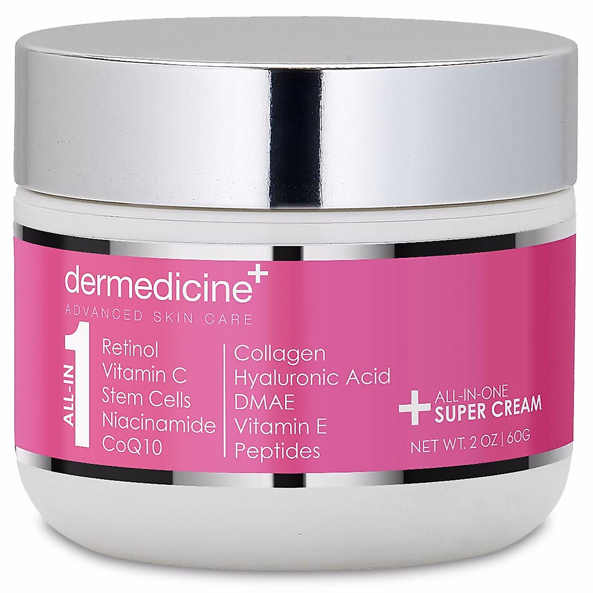All In One Super Anti-Aging Cream for Face with Retinol, Vitamin C, Stem Cells, Vitamin E, CoQ10, Collagen, Hyaluronic Acid, DMAE, Peptides, Niacinamide for More Youthful Looking Skin 2oz