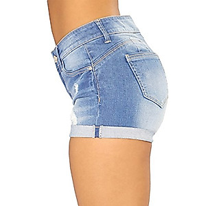 Govc Women Casual Summer Mid Waist Stretchy Denim Jean Shorts Junior Short Jeans(Light Blue,L)