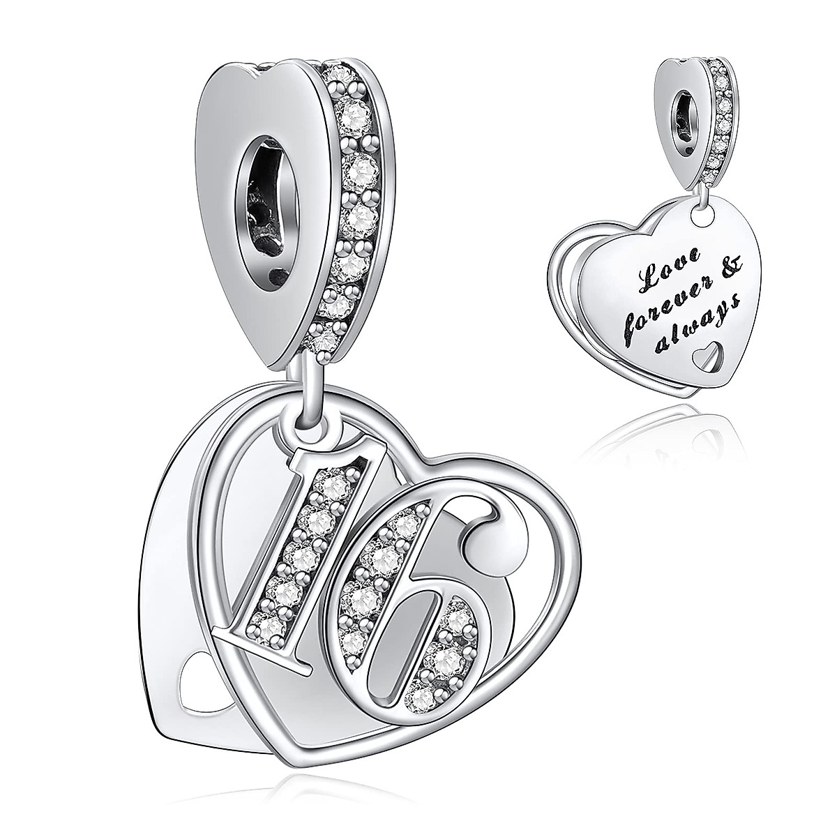 NINGAN 16 Years of Love Forever & Always Dangle Charm for Bracelets 925 Sterling Silver Pendant Bead with Cubic Zirconia Birthday Jewelry Gifts for Women Wife Mom Her