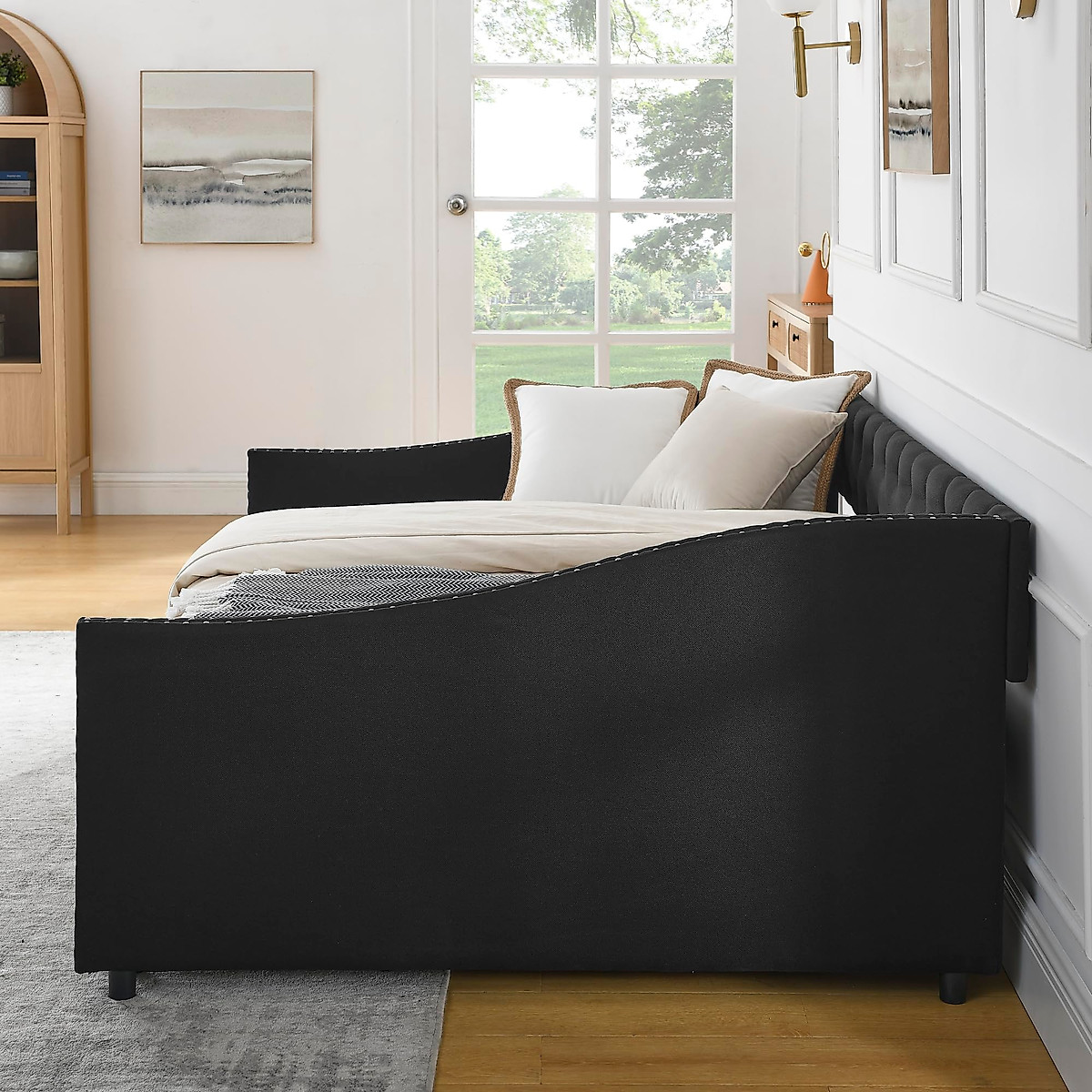 Flieks Linen Upholstered Full Daybed with Two Storage Drawers, Full Size Button Tufted Sofa Bed Daybed with Nailhead Trim and Wood Slat Support (Black)