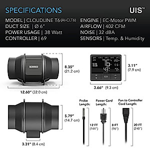 AC Infinity CLOUDLINE T6, Quiet 6” Inline Duct Fan with Temperature Humidity Controller, Bluetooth App - Ventilation Exhaust Fan for Heating Cooling Booster, Grow Tents, Hydroponics