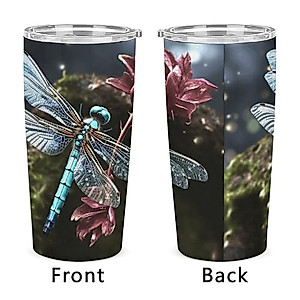 FHENMSA Stainless Steel Insulated Travel Coffee Mug,Blue Dragonfly Print Reusable Car Cup,Thermal Cup for Outdoor with Straw And Lid