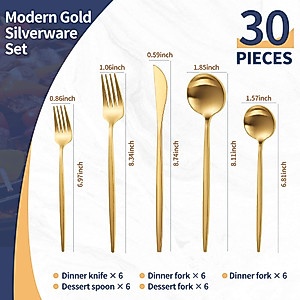 Joincook Matte Gold Silverware Set,30 Piece Stainless Steel Modern Flatware Set,Brushed Cutlery Set Service for 6,Satin Finish Utensils Set,Home Kitchen and Restaurant,Dishwasher Safe