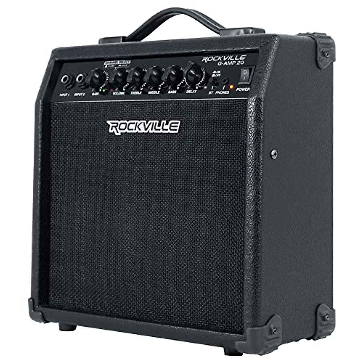 Rockville G 20 Watt Guitar Amplifier Dual Input Combo Amp Bluetooth/Delay, Black