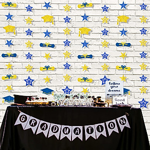 8-Pack 2024 Graduation Party Decorations - Blue Gold Glitter Backdrop with Cap, Diploma & Star Garland Banner Hanging Decor - Perfect for High School, College, and Middle School Graduation Parties