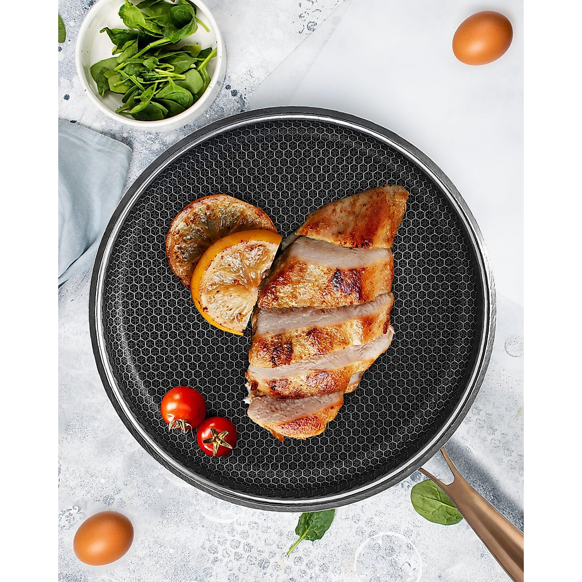 Bakpoco Frying Pans Nonstick, 12 inch Hybrid Non Stick Frying Pan with Lid, Stainless Steel Non Toxic PFOA Free Scratch-resistant Coating Skillets, Dishwasher & Oven Safe Induction Compatible Cookware