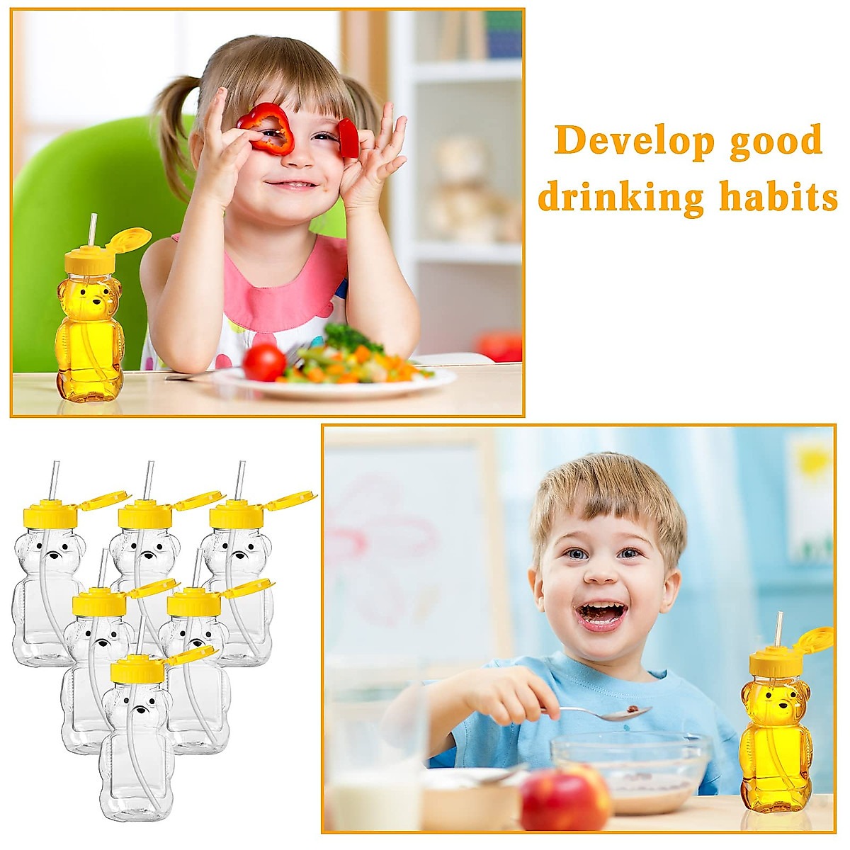 32 Pack Honey Bear Bottle with Straws Empty Plastic Cup Honey Jar Containers Bear Shaped Squeeze Bottle Storing and Dispensing Yellow Flip Top Lid Assistive Drink Cups Honey Bottles Jar (6oz)