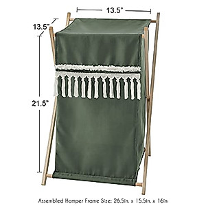 Sweet Jojo Designs Dark Green Boho Chic Baby Kid Clothes Laundry Hamper - Solid Sage Hunter Ivory Bohemian Gender Neutral Linen Tassel Macrame Modern Farmhouse Designer Minimalist Tuft Fringe