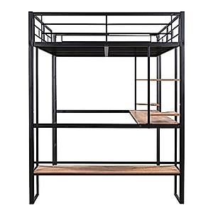 Woanke Metal Full Size Loft Bed&MDF Bed with Long Desk and Shelves, Heavy Duty Steel Bedframe for Kids Teens Adults, Black