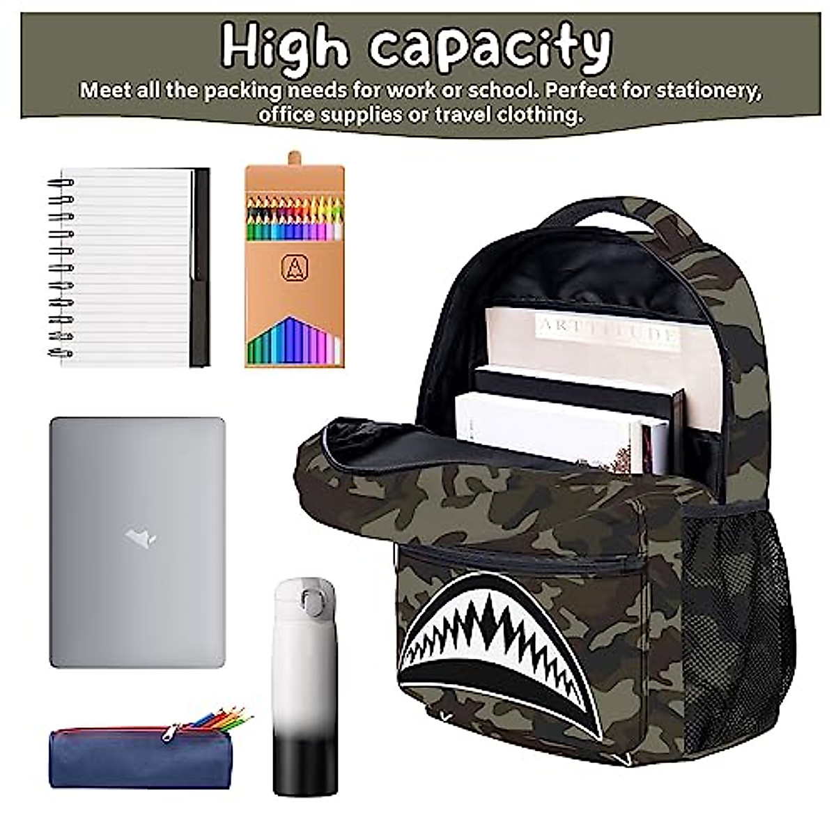 Cbntnaf Camo Daypack for Women Men, Shark Teeth Bookbag for Boys Girls, Large Capacity Lightweight Backpack for School Work Camping Hiking