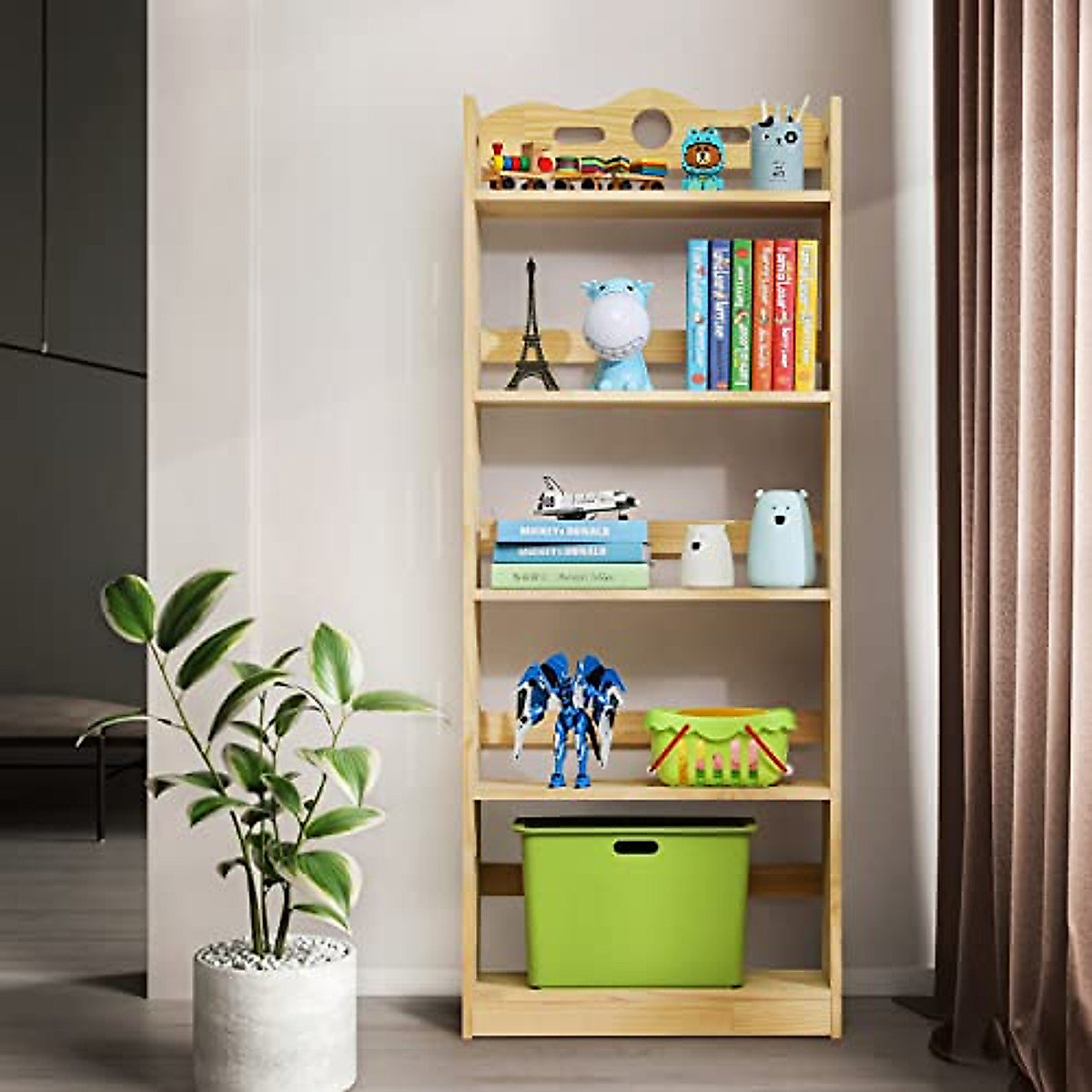 MoNiBloom 5 Tier Bookcase with Open Shelves, Solid Wood Storage Organizer Book Shelf Cabinet Display Organizer for Kids Room Living Room Bedroom, Natural