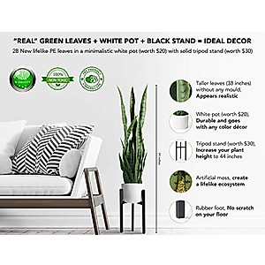 flybold Artificial Fake Snake Plants - Faux Indoor Plant - Modern Decor Artificial House Plant - Large Faux Sansevieria Plant with 28 Tall Leaves - Includes White Pot and Tripod - Green - 36in