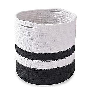BURFERLY Mini Collapsible Laundry Hamper for Baby Pure Cotton Rope Storage Basket with Handles Dirty Clothes Hamper Storage Bins Organizer for Nursery, Laundry, Towel, Clothes (9.8''x10.2'', Black)