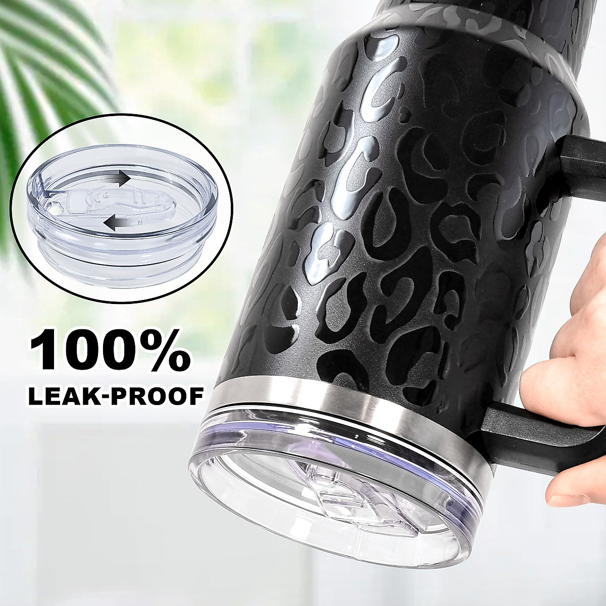 FECBK 40 oz Tumbler with Handle and Straw, 100% Leak-Proof Travel Mug, Stainless Steel Double Wall Vacuum Insulated Coffee Cup Keeps Cold For 34 Hours, Full Black Leopard