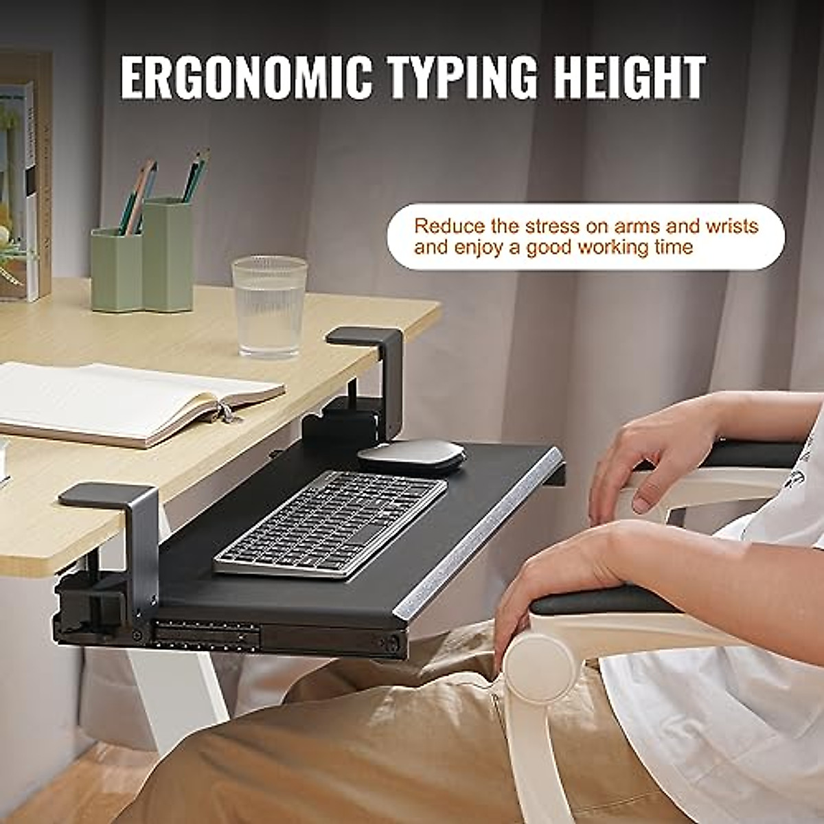 VEVOR Clamp on Keyboard Tray Under Desk, Desk Keyboard Tray Slide Out with Sturdy No-Drill C Clamp Mount, Large 26.8 x 11 inch Slide-Out Computer Drawer for Typing in Home, Office Work