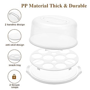 Cake Carrier with Lid and Handle, Multipurpose Cake Stand Fits 10 inch Cake, Cupcake Containers for 11 Cupcakes，Cake Holder Serves as Five Section Serving Tray, Portable Cheesecake Container, White