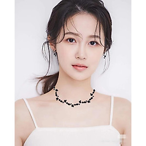 QLLYHLH Brides Bridesmaid Flower Leaf Choker Necklace Dangle Earrings Link Bracelet Austrian Crystal Wedding Jewelry Set for Prom Costume Party Accessories for Woman(Black-Gun plated)