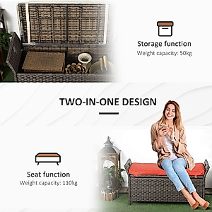 Outsunny 27 Gallon Patio Wicker Storage Bench, Outdoor PE Rattan Patio Furniture, 2-in-1 Large Capacity Rectangle Garden Storage Box with Handles and Cushion, Red