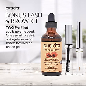 PURA D'OR Organic Castor Oil (4oz + 2 BONUS Pre-Filled Eyelash & Eyebrow Brushes) 100% Pure, Cold Pressed, Hexane Free Growth Serum For Fuller, Thicker Lashes & Brows, Moisturizes & Cleanses Skin