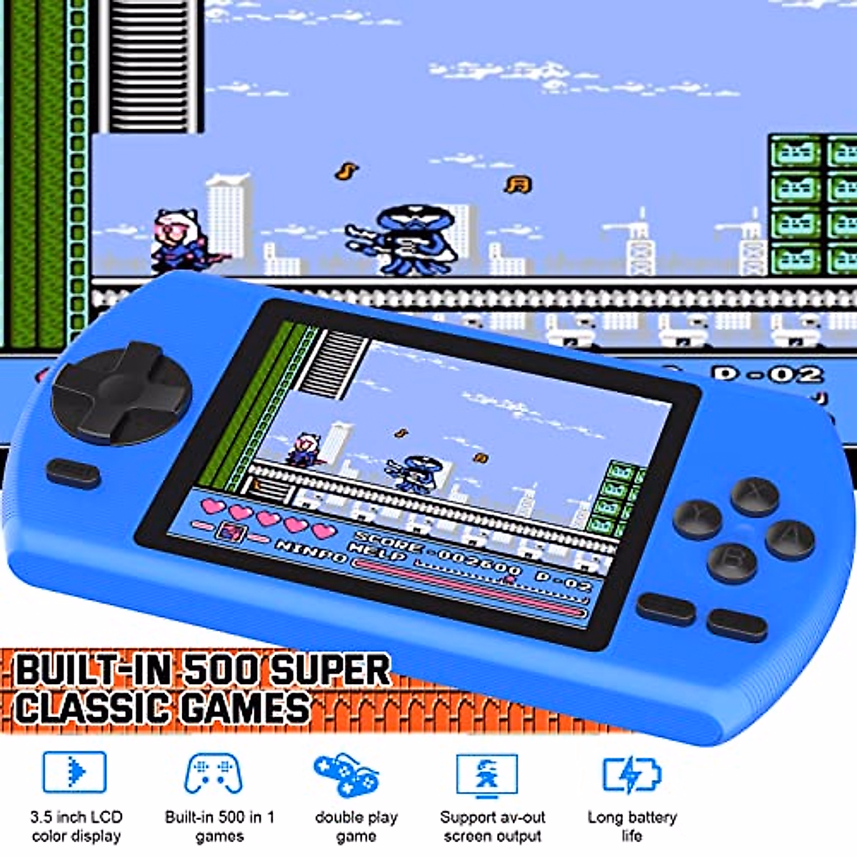 JAMSWALL Retro Handheld Game Console, Portable Retro Video Game Console with 400 Classical FC Games 2.8-Inch Screen 800mAh Rechargeable Battery Support for Connecting TV and Two Players(Blue)
