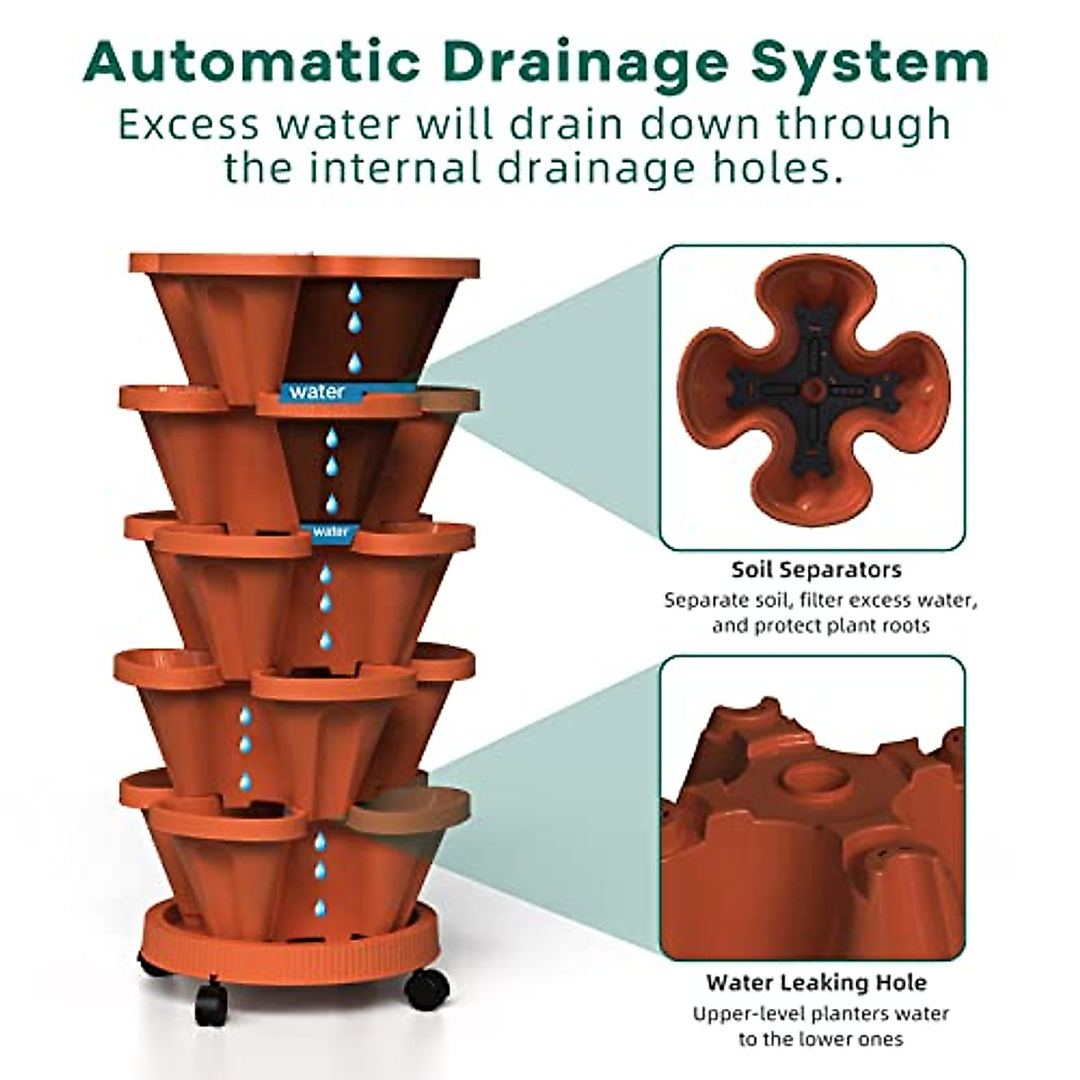 Tectsia Strawberry Vertical Planter Tower Garden, 5 Tiered Planter Stackable Herb Garden Planter with Movable Casters and Bottom Saucer Indoor and Outdoor - Terra Cotta