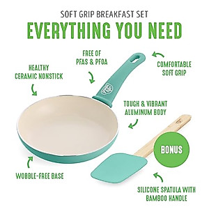 GreenLife Soft Grip 8” Frypan Skillet and Spatula Breakfast Cookware Set, PFAS-Free Ceramic Nonstick, Silicon Spatula with Bamboo Handle, Egg Omelette, Dishwasher Safe, Stay-Cool Handles, Turquoise