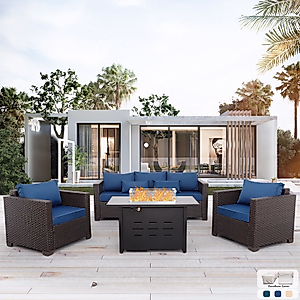 4 Piece Patio Furniture Set 45 Inches Fire Pit Table Outdoor Furniture Sets Patio Couch Outdoor Chairs 50000 BTU Propane Fire Pit with Non-Slip Cushions and Waterproof Covers, Navy Blue