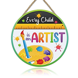 IARTTOP Every Child Is An Artist Sign Wall Art For Kids, Round Paintings Hanging Door Plaque, Inspirational Quote Wooden Plaque Nursery Artist Studio ART Room Classroom Decor