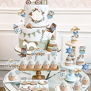 JOYMEMO 24 Pcs Little Cowboy Baby Shower Cupcake Toppers - Blue Brown Western Cowboy Baby Shower Decorations, Double Sided Wild West Baby Shower Cake Decor for Pregnancy Celebration Newborn Party