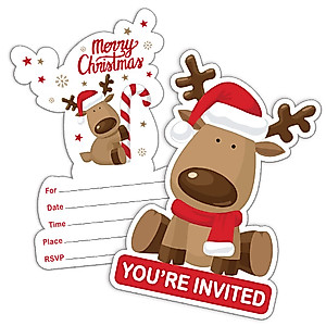 REWIDPARTY Christmas Elk Party Invitation Cards with Envelopes（Set of 15） Merry Christmas Shaped Fill-in Invitations Christmas Party Supplies Decorations Party Celebration Cards for Kids Teens Adults