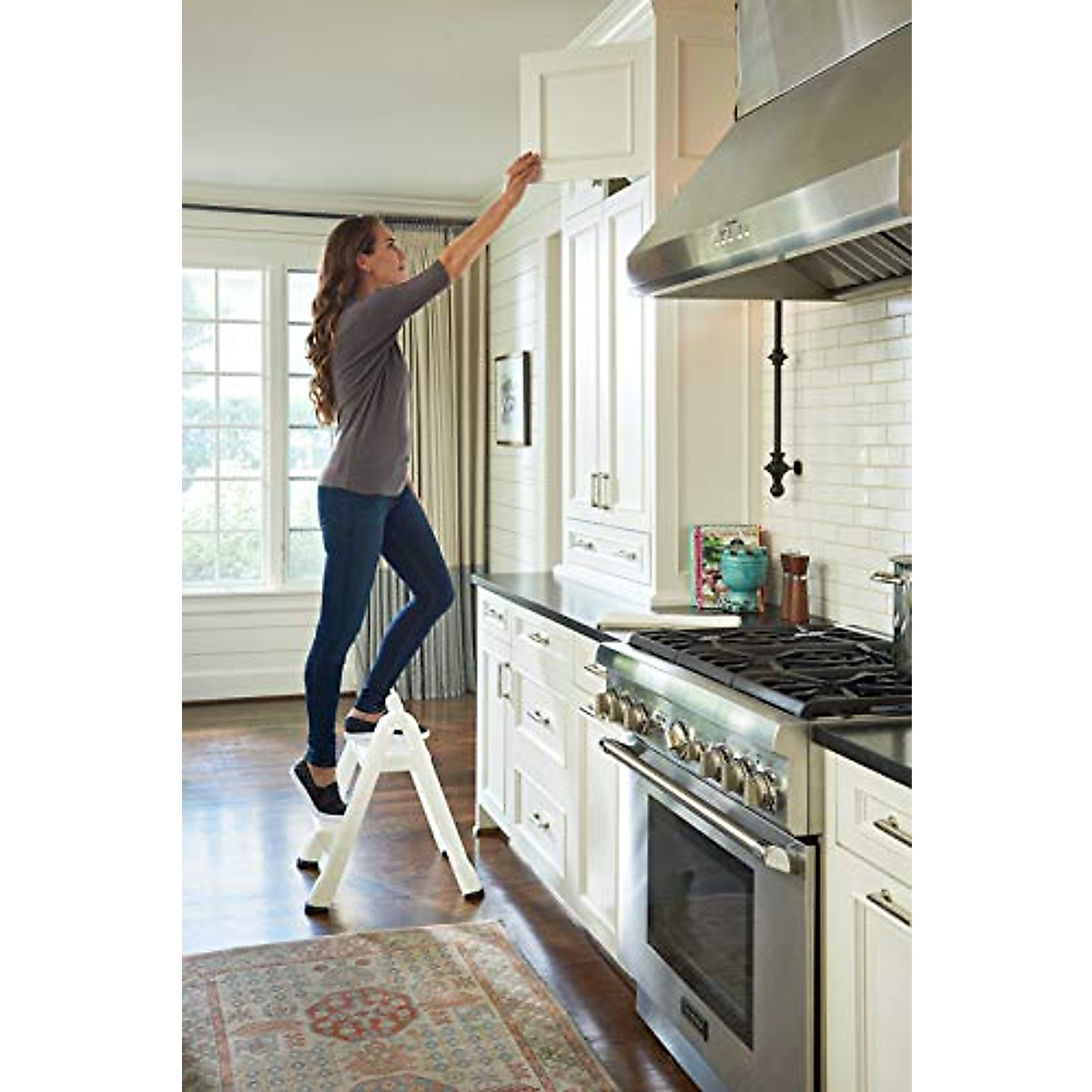 Rubbermaid Two-Step Folding Foot Stool, 14-Inch High, White, 300 Pound Capasity, Small Step Stool for Adults/Kids For Use in Library/Kitchen/Bathroom/Garage/Closet