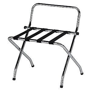 Pilaster Designs Contemporary Foldable 24-Inch Bess Chrome & Black Metal Luggage Rack Stand with High Back & Nylon Belts