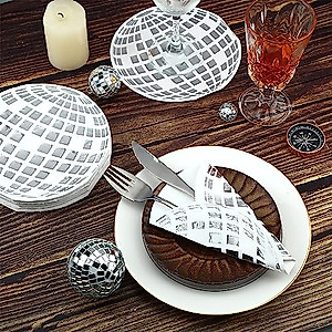 100 Pack 6.4 Inch Silver Foil Napkins Disposable Beverage Napkins Christmas Party Paper Napkins Party Decorations for Wedding Birthday Disco Party Bridal Shower Engagement(Disco Ball)