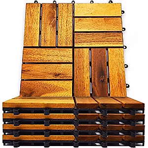 Interlocking Deck Tiles 8 Pack - Snap Together Wood Flooring | 12 x 12 Acacia Hardwood Outdoor Flooring for Patio | Click Floor Decking Tile Outdoors Balcony Flooring, Wooden Parquet Flooring (8)