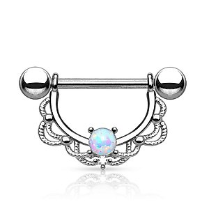 Pair of Opal Fligree 14K Gold Plated Surgical Steel Nipple Rings Barbells 16G - Silver