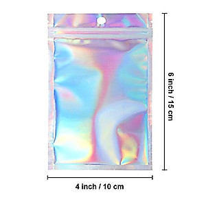 50Pack Holographic Foil Pouch Bag Flat Ziplock Bag Resealable Smell Proof Bags Aluminum Foil Bags Rainbow Mylar Bags for Lip Gloss Bath Salt Food Storage Party Favor (4 x 6 Inches)