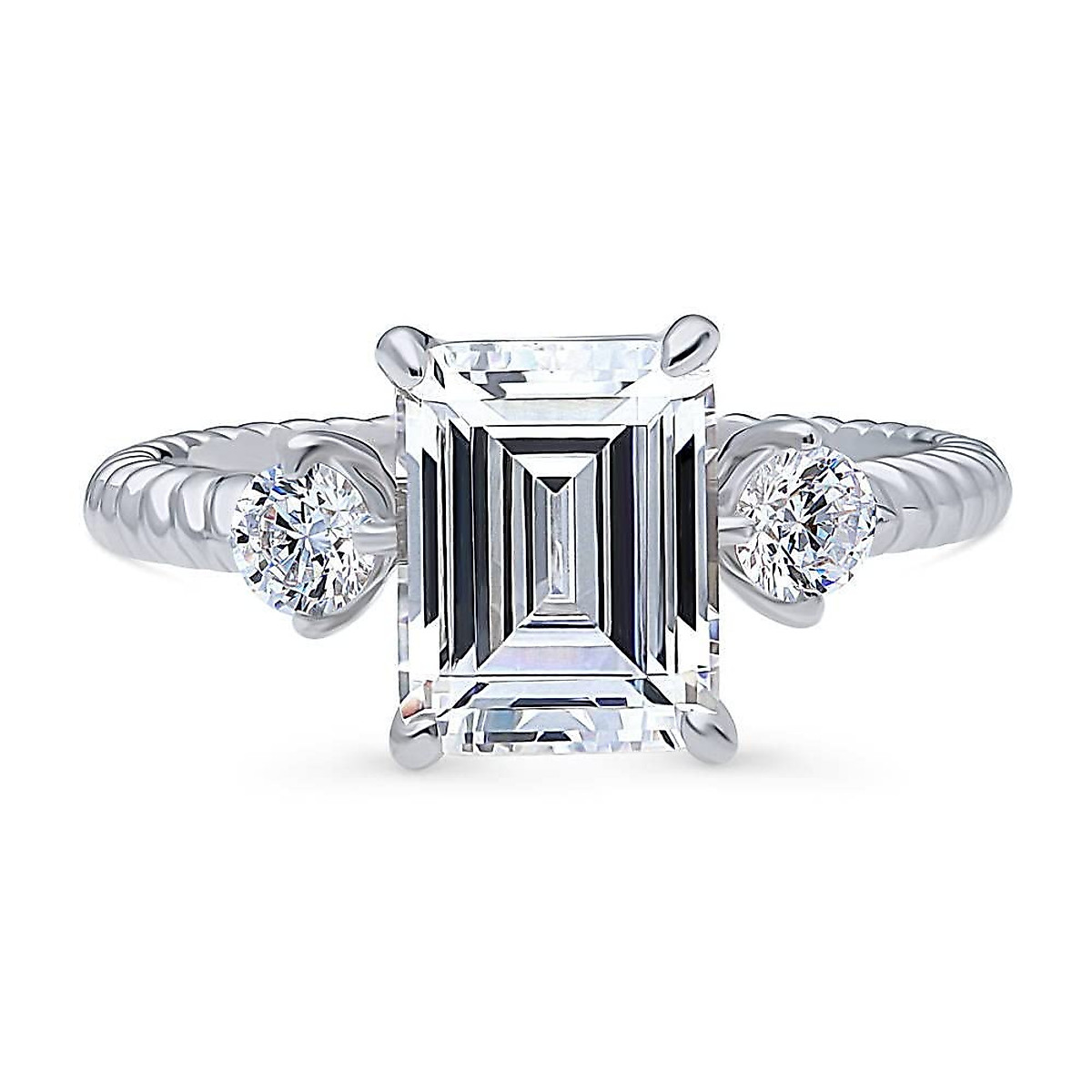 BERRICLE Sterling Silver 3-Stone Wedding Engagement Rings Emerald Cut Cubic Zirconia CZ Woven Ring for Women, Rhodium Plated Size 6