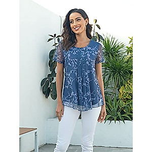 SeSe Code Ladies Tops and Blouses Short Sleeve Tunic Tops for Women Loose fit Beach Shirts Dressy Tops for Women for Evening Party Fashion Tops Black White Floral L