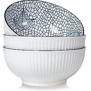 Houlu 60 oz Pho Bowls, Large Soup Bowl, Japanese Ramen Bowl Set, 8 inches Big Porcelain Bowls Set of 3, Leaf Patterns