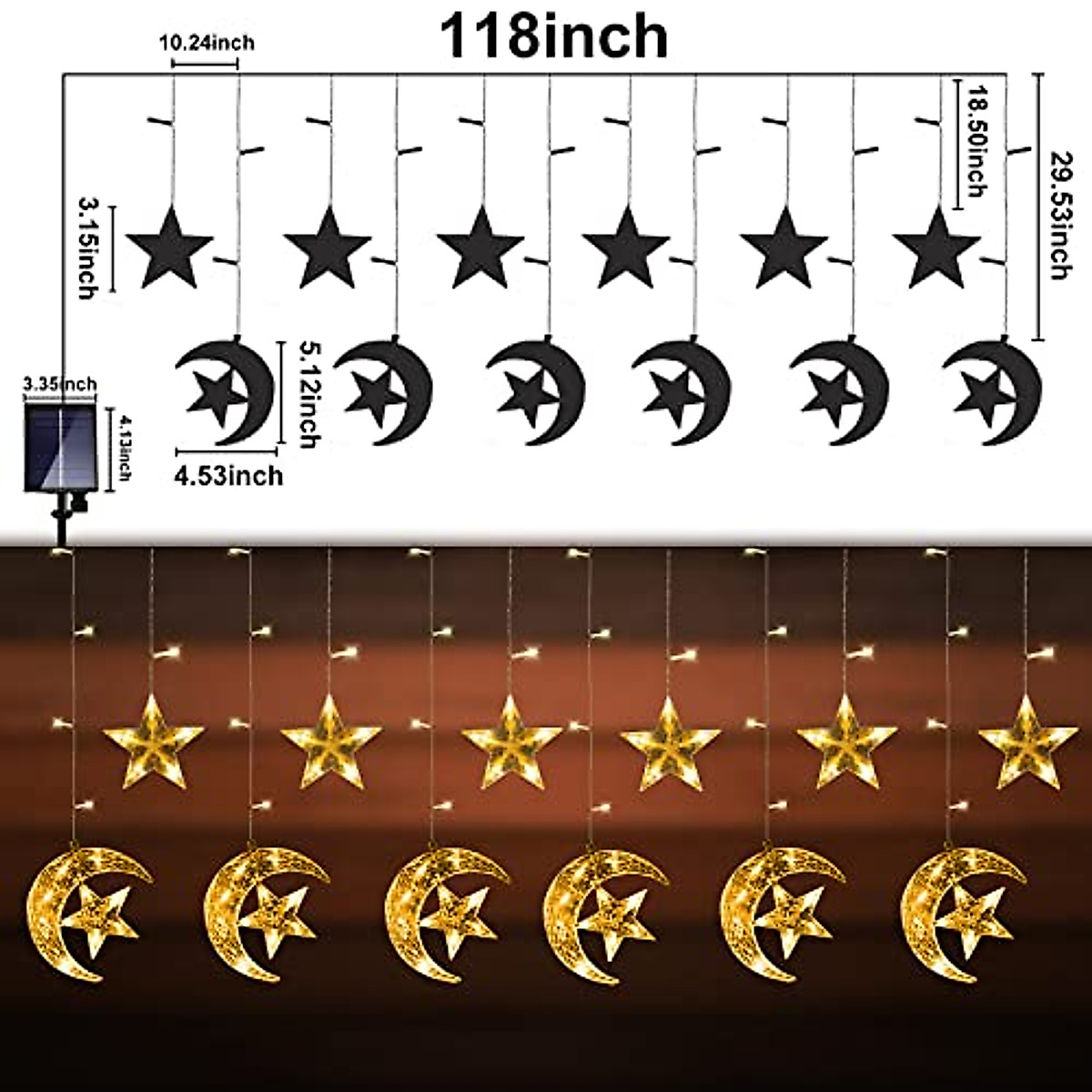Solar Curtain Lights Outdoor Star and Moon Light 138 LED Waterproof Fairy String Lights Solar Powered 8 Modes Hanging String Lights for Window Fence Tent Garden Patio Home Outdoor Decor (Warm)