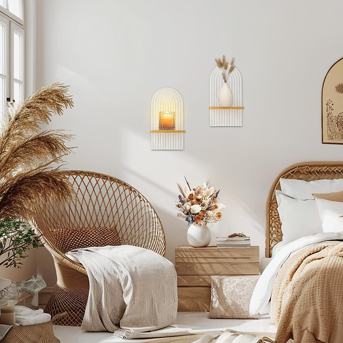 Walasis Boho Shelf Wall Decor - Bohemian Floating Shelves for Nursery Bedroom Living Room Aesthetic Hanging Shelf Modern Rainbow Wall Candle Holder (White)