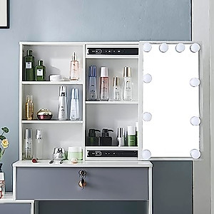 YAMISSI Dressing Table Dresser Desk with Lights, Multifunctional Vanity Table Makeup Desk Set with 3 Drawers, Large Sliding Mirror and Soft Cushioned Stool for Girls and Women.