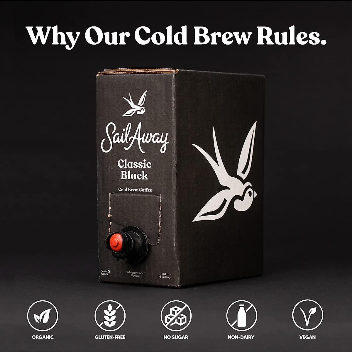 Sail Away Coffee Cold Brew Coffee Box Taps- Less Acidic Coffee Beverages | 120mg Caffeine, Gluten Free, Organic, Keto, Classic Black, 96 Fl. Oz.