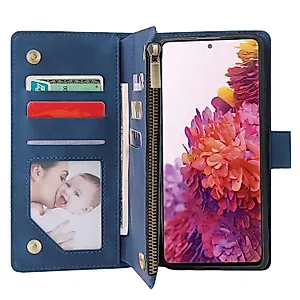 LBYZCASE Phone Case for Galaxy S20 FE 5G(2020),Samsung S20 FE Wallet Case,Luxury Folio Flip Leather Cover[Zipper Pocket][Wrist Strap][Kickstand ] for Samsung Galaxy S20 FE 5G(Fan Edition)-Blue