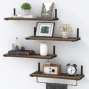 LiviNGPAi Floating Shelves Wall Mounted Set of 4, Bathroom Shelf with Towel Bar, Natural Rustic Wood Wall Shelves for Bedroom, Bathroom, Living Room, Kitchen Storage/ Decoration
