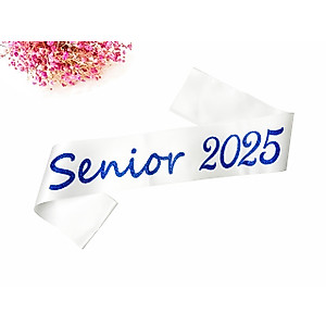 Ashaqshnglee Senior Sash 2025, 2PCS Graduation Sash White with Blue Glitter Letter Finally Graduated Cheerleader Party Celebration Decorations