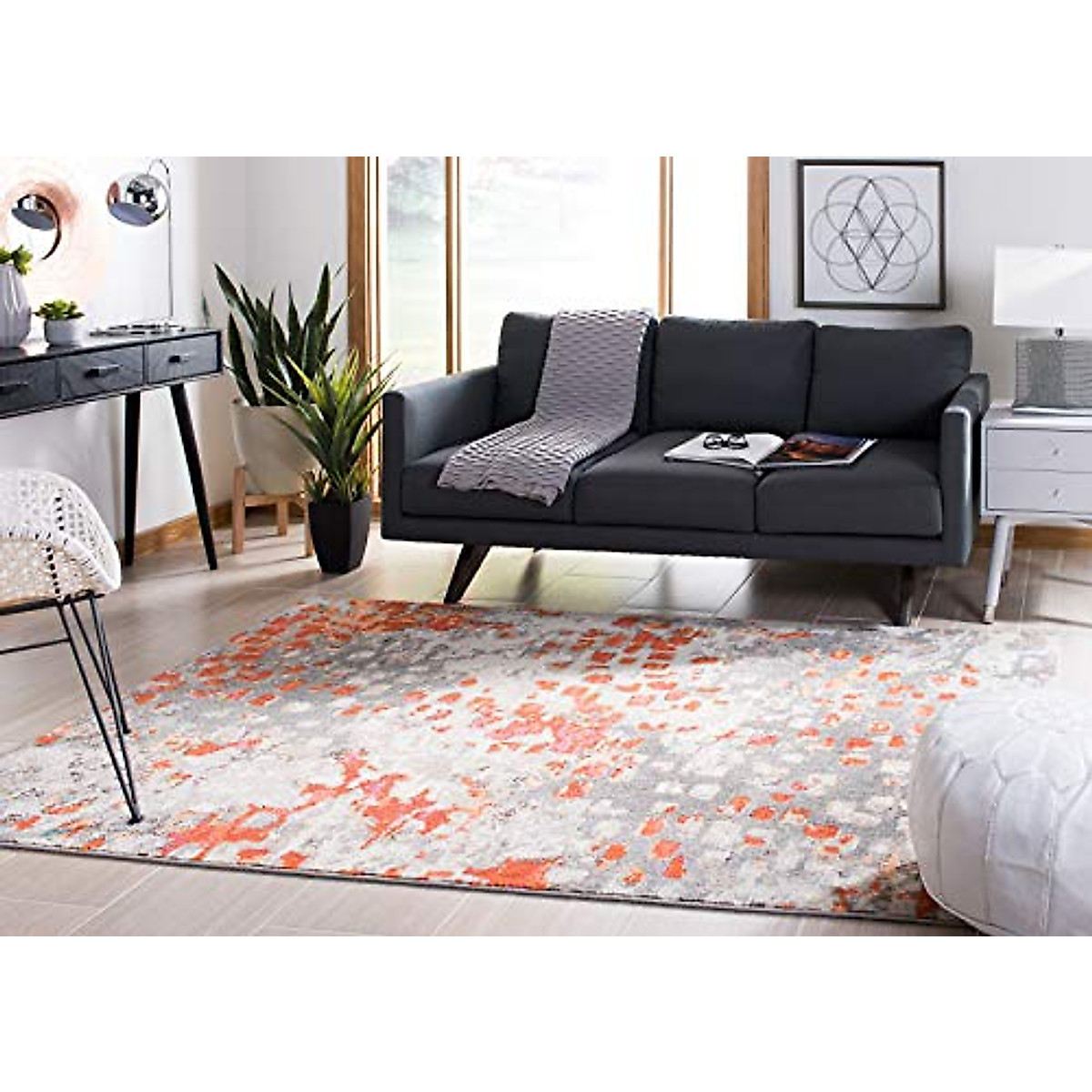 SAFAVIEH Madison Collection 8' x 10' Grey/Orange MAD425H Boho Abstract Distressed Non-Shedding Living Room Bedroom Dining Home Office Area Rug